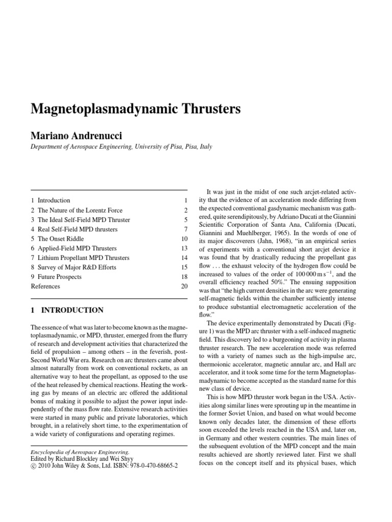 Magnetoplasmadynamic Thrusters | PDF | Momentum | Spacecraft Propulsion