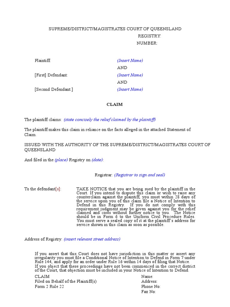 Form 2 Claim UCPR | PDF | Lawsuit | Public Law