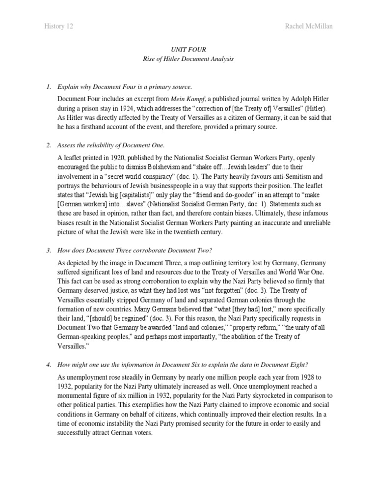 Unit 4 - Rise of Hitler Document Analysis | PDF | Nazi Germany | Weimar ...