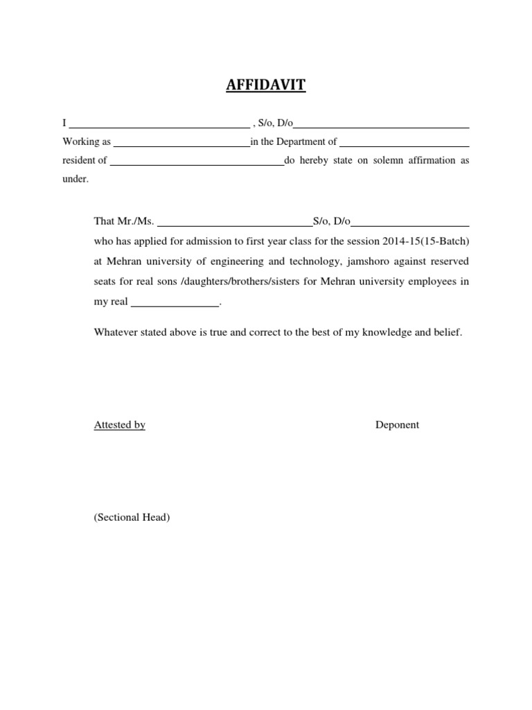 Affidavit: I, S/o, D/o Working As in The Department of Resident of Do ...