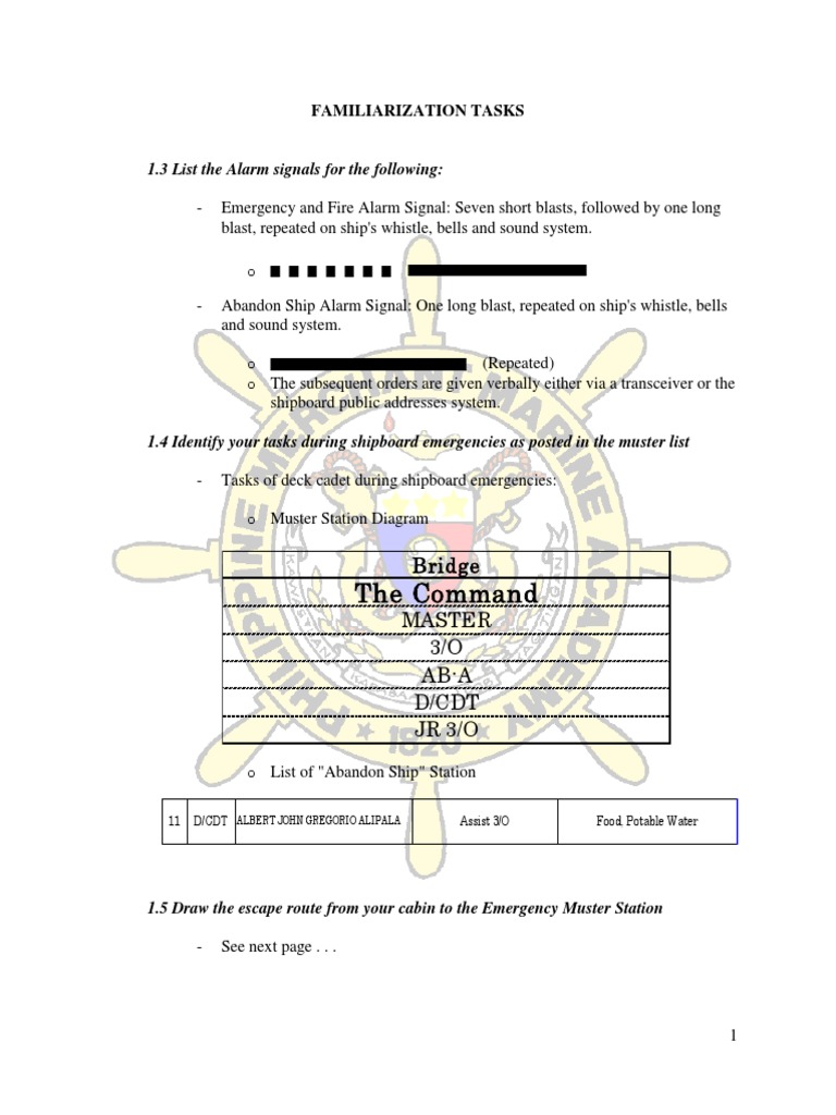 Familiarization Tasks | PDF | Marine Salvage | Safety
