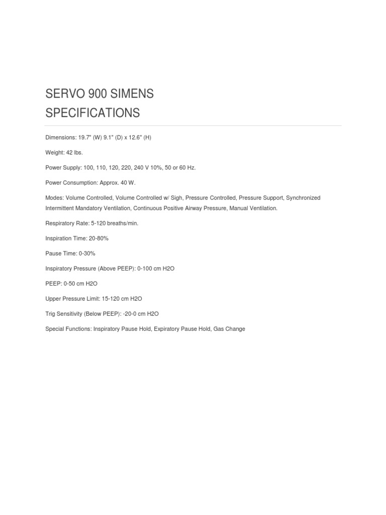 Servo 900 Ventilator Specifications | PDF