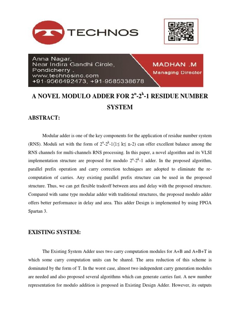 Novel Modulo 2n-2k-1 Adder Design | PDF | Field Programmable Gate Array ...