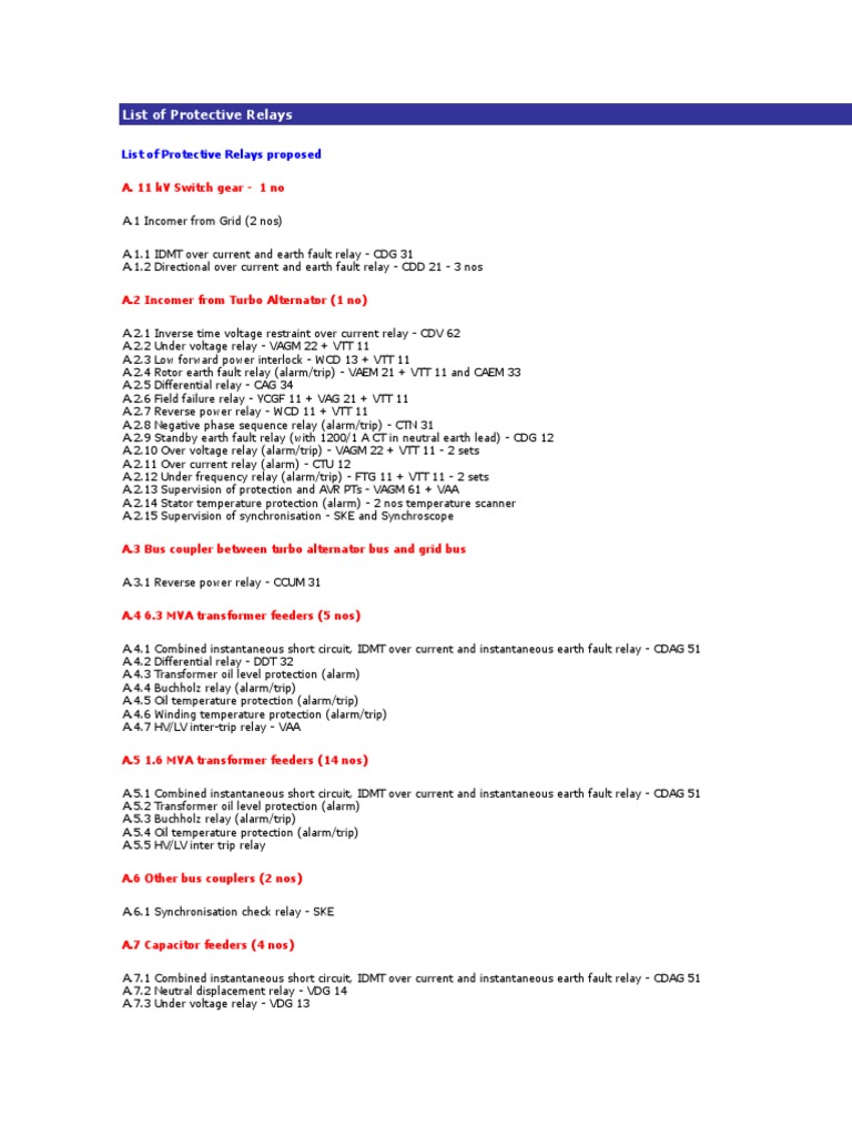 List of Protective Relays | PDF | Relay | Transformer