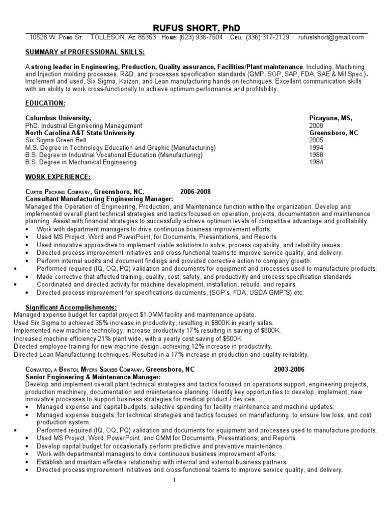 Rufus Short Resume | PDF | Reliability Engineering | Verification And Validation