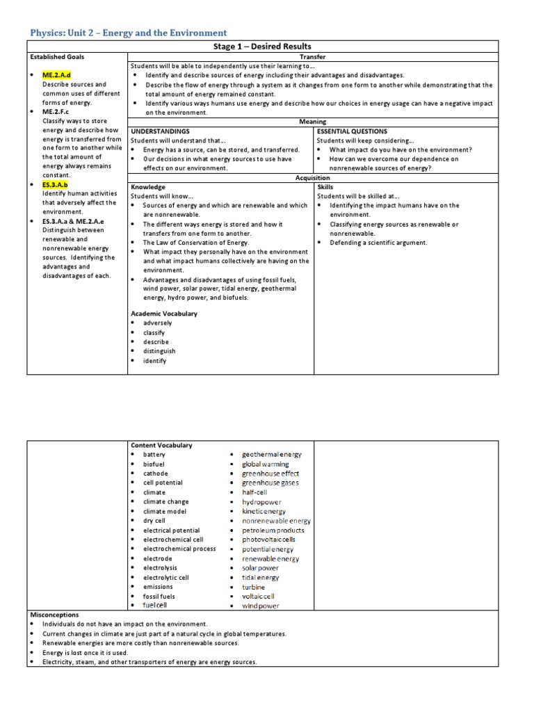 UBD Physics Unit 2 - Energy and The Enviornment | PDF | Renewable ...