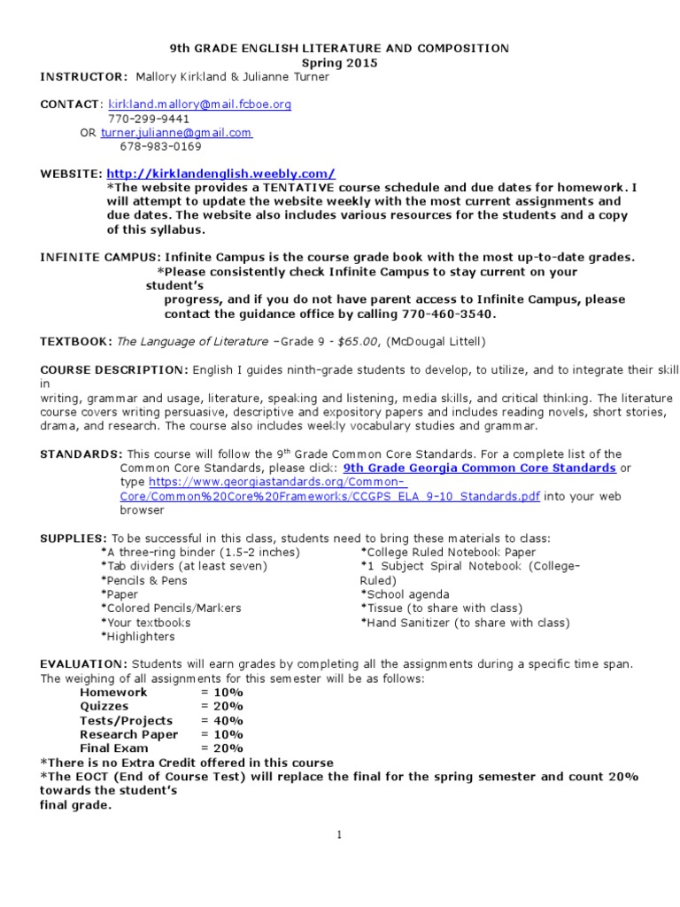9th Grade Syllabus Spring 2015 | PDF | Homework | Plagiarism