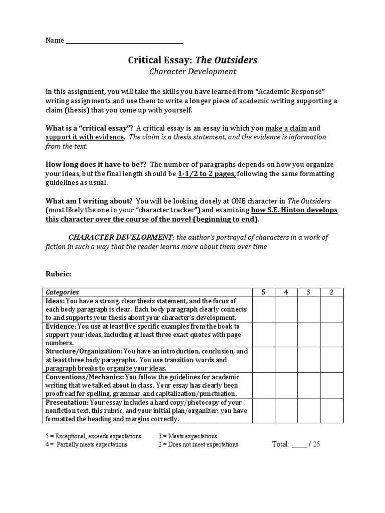Outsiders Explanation and Rubric PDF | PDF | Essays | Paragraph