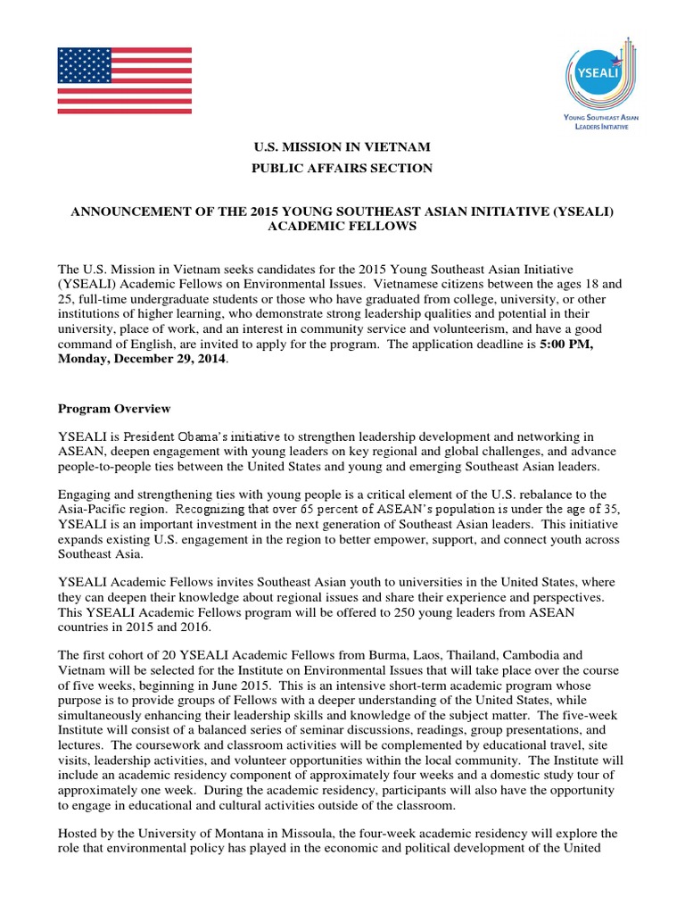 Announcement For YSEALI Academic Fellows | PDF | Association Of ...