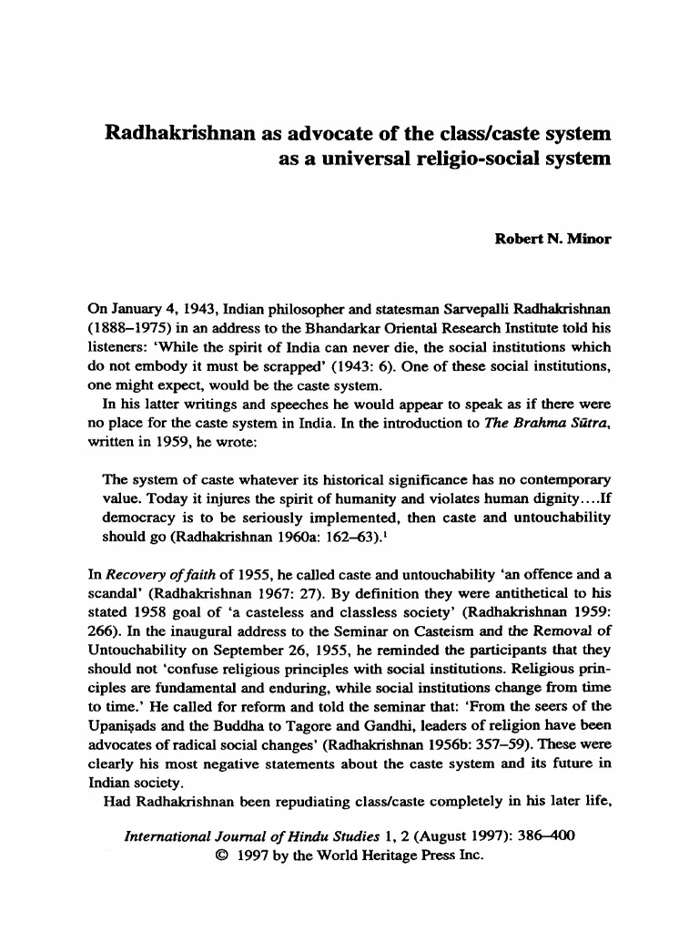 Robert N. Minor, Radhakrishnan As Advocate of The Class PDF | PDF ...