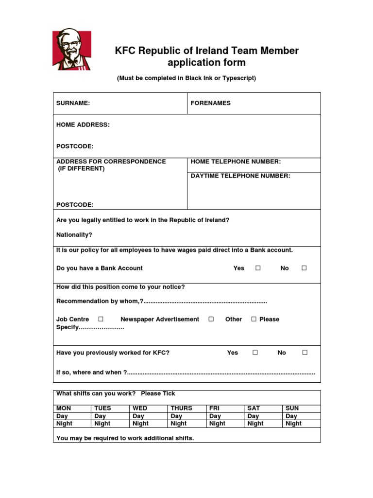 KFC Ireland Job Application Form 2008-11-14 | Download Free PDF ...