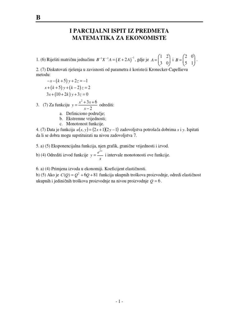 I Parcijalni Ispit Iz Predmeta Matematika Za Ekonomiste | PDF