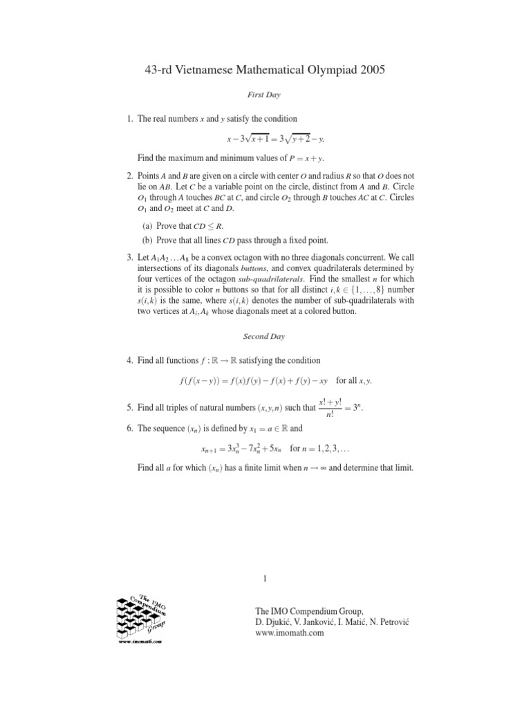 43-rd Vietnamese Mathematical Olympiad 2005: First Day | PDF | Art ...
