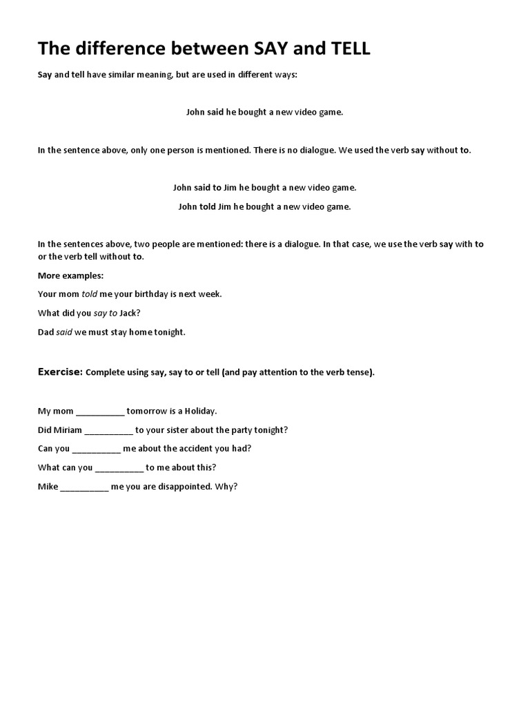 The Difference Between SAY and TELL: Exercise | PDF