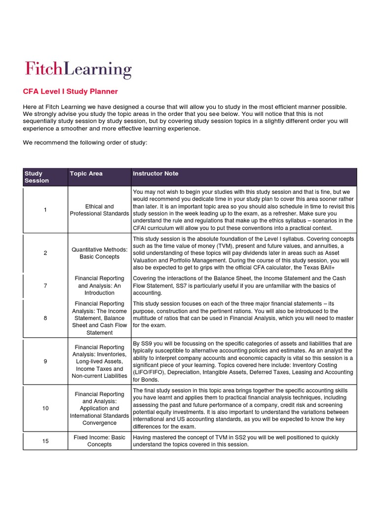 Fitch Learning Cfa Level I Study Planner | PDF