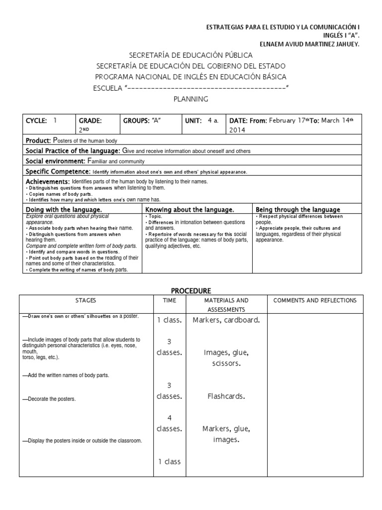 Formato de Planeacion de Clase de Ingles Mejorado | PDF