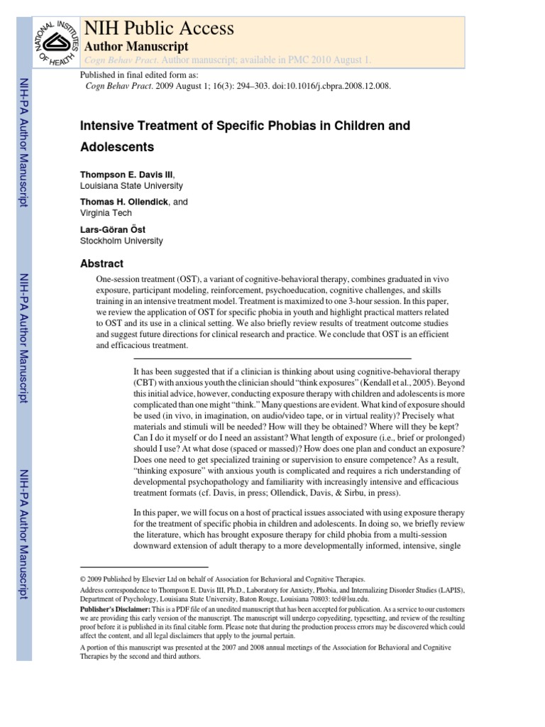 Intensive Treat of Specific Phobias in Children and Adolescents ...