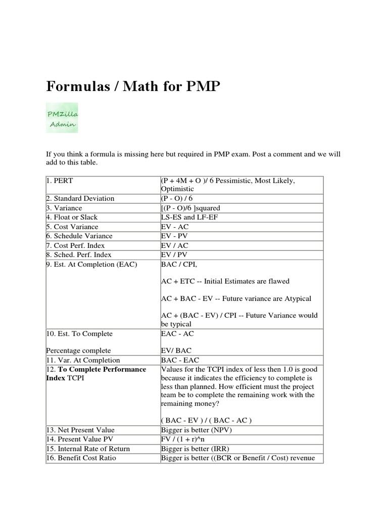 PMP Formulas List | PDF | Investing | Internal Rate Of Return
