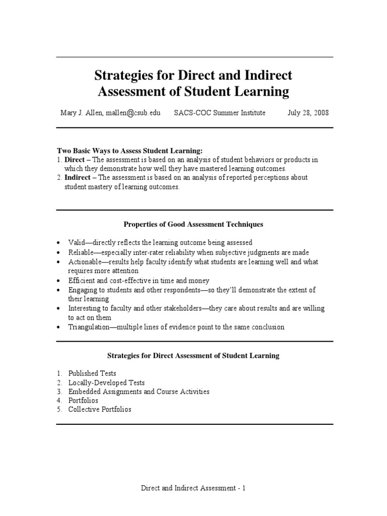 Direct and Indirect Assessment Methods | PDF | Test (Assessment ...