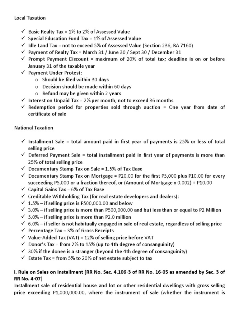 Quick Notes Real Estate Taxation | PDF | Value Added Tax | Tariff