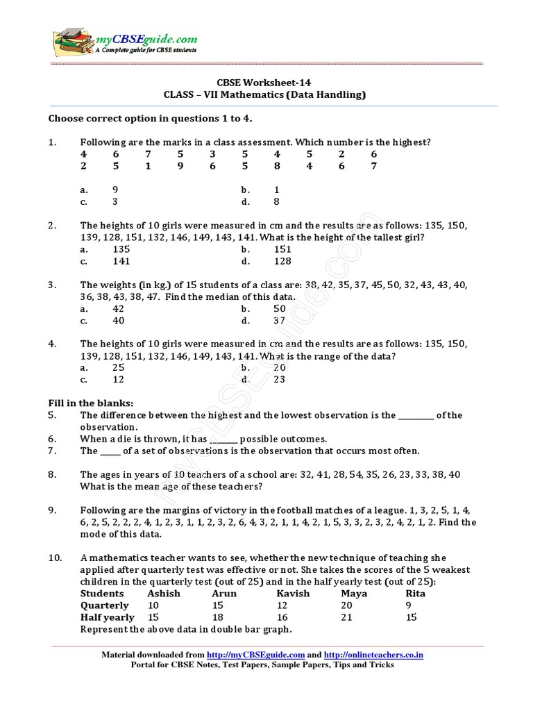 Class 7 Math Data Handling Worksheet | PDF | Learning | Cognition