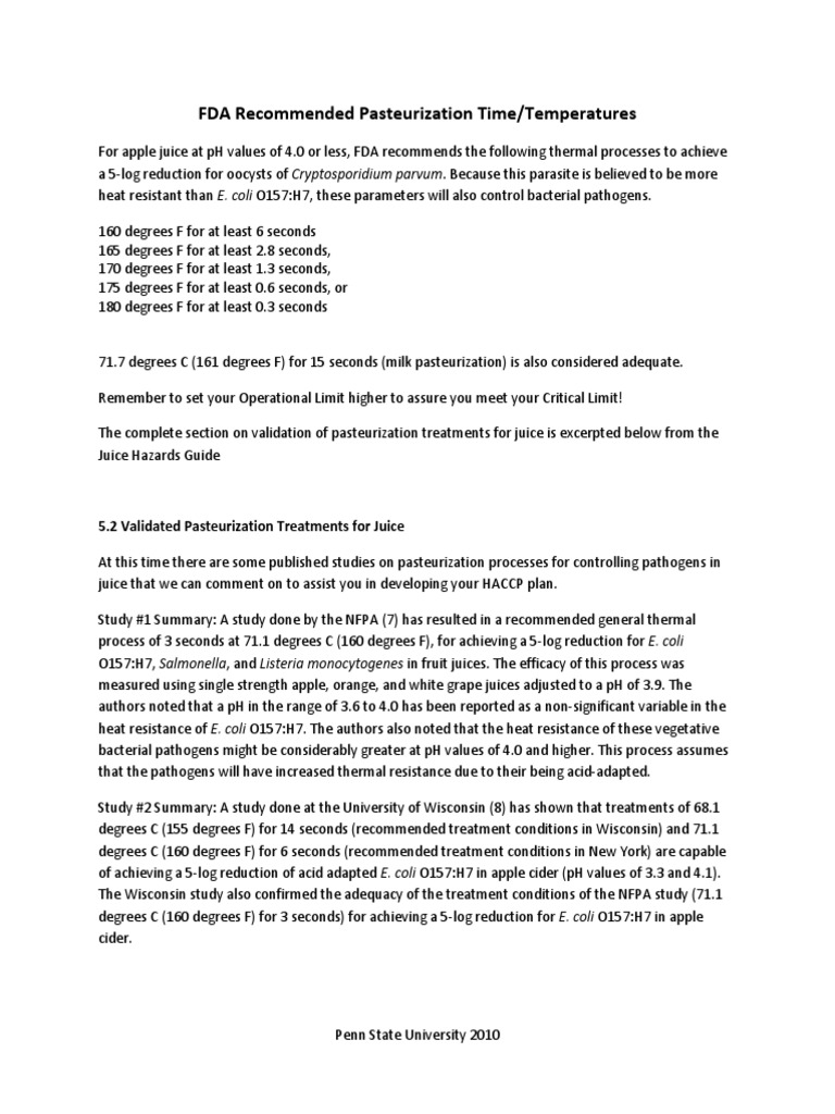 FDA Recommended Pasteurization Time | PDF | Juice | Diet & Nutrition