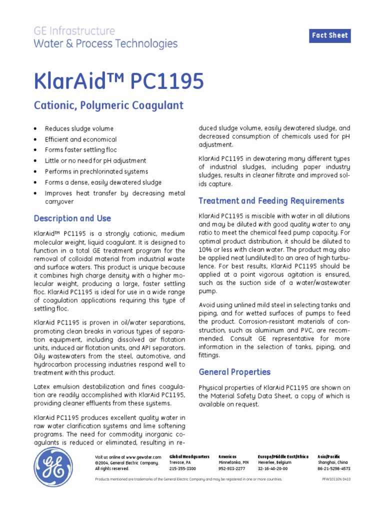Organic Coagulant - KlarAid™ PC1195 | PDF | Industrial Processes ...