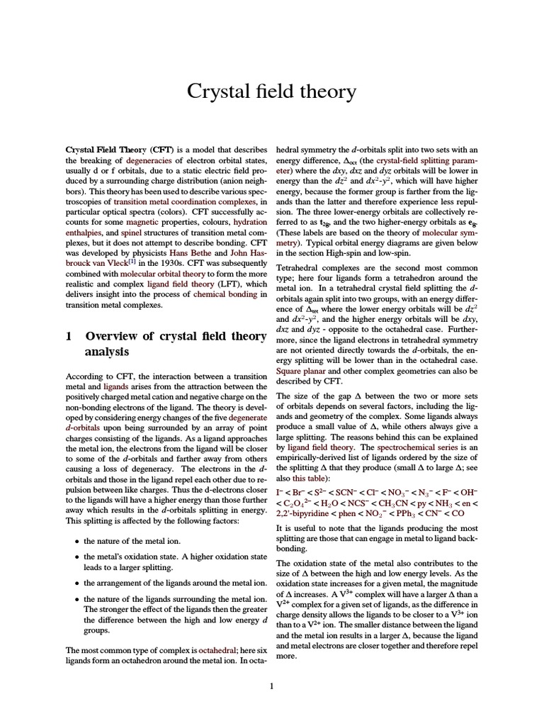 Crystal Field Theory | PDF | Coordination Complex | Molecular Physics