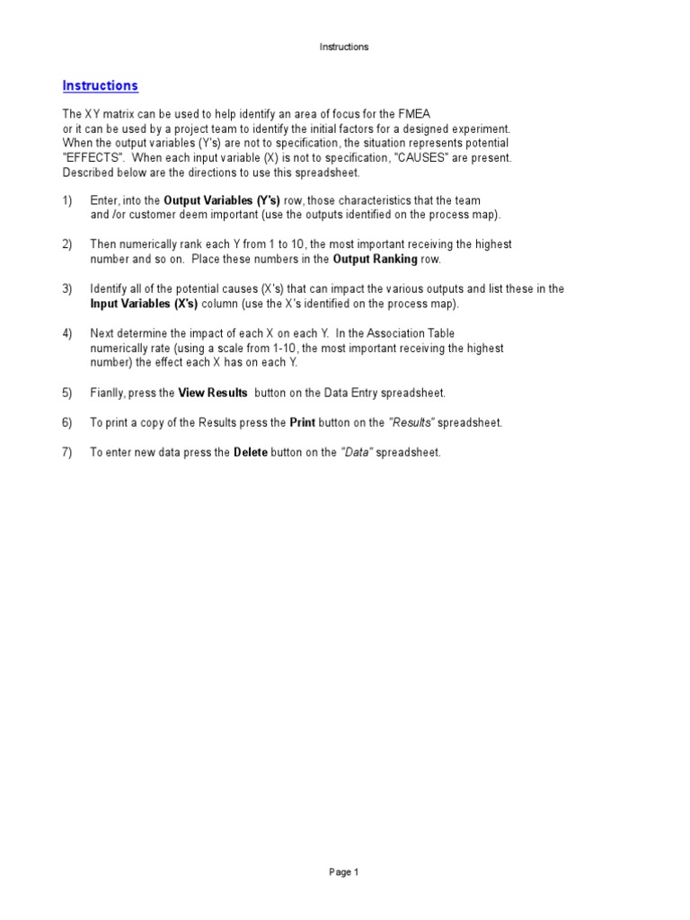 XY Matrix for FMEA and Experiments | PDF