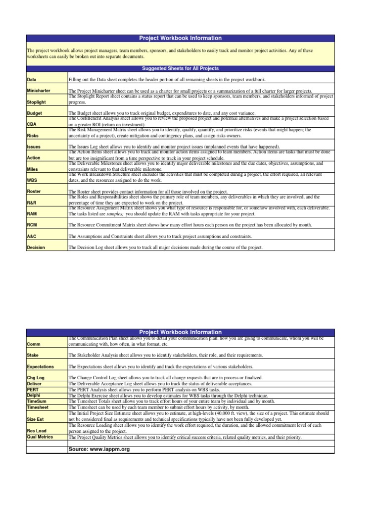 Project Workbook Information: Suggested Sheets For All Projects | PDF
