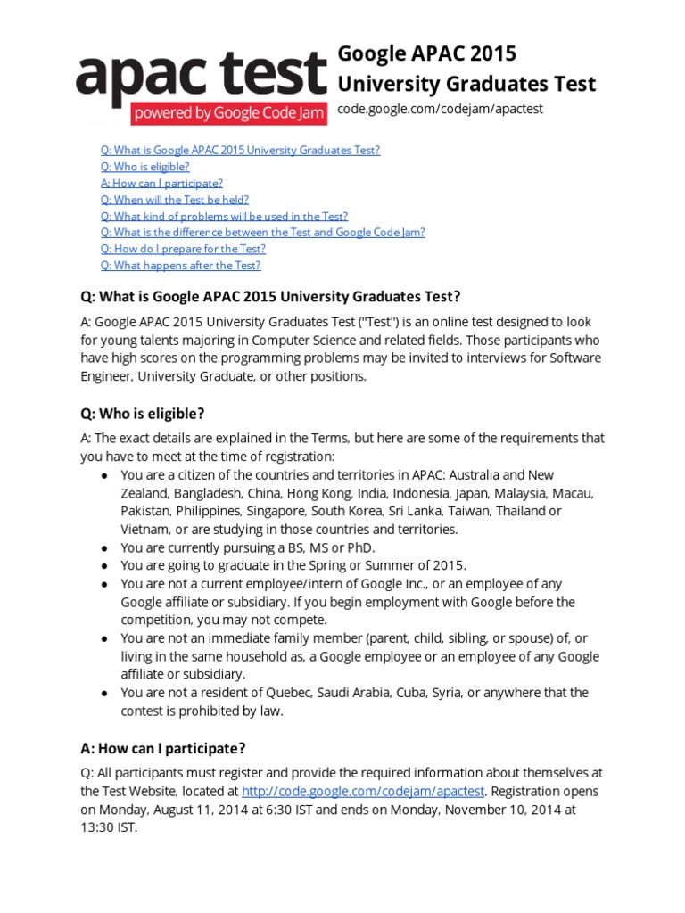 Google APAC Test FAQ - Campus Recruiting 2015 | PDF | Business
