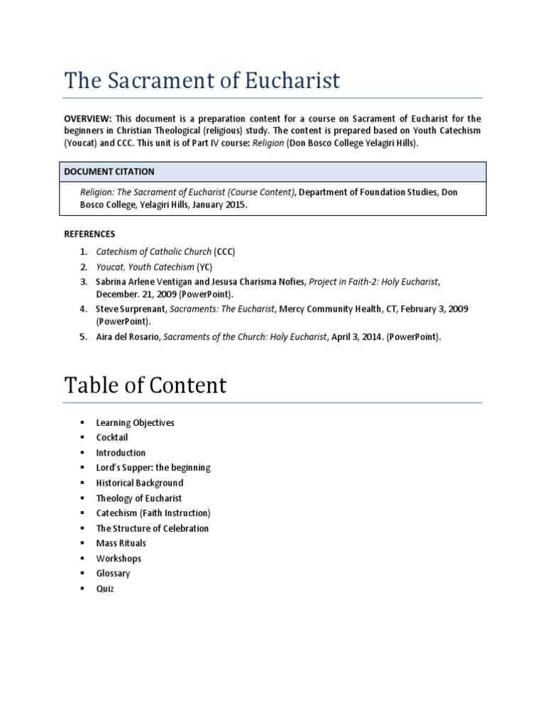 The Sacrament of Eucharist (Religion Course Unit Content) | PDF ...