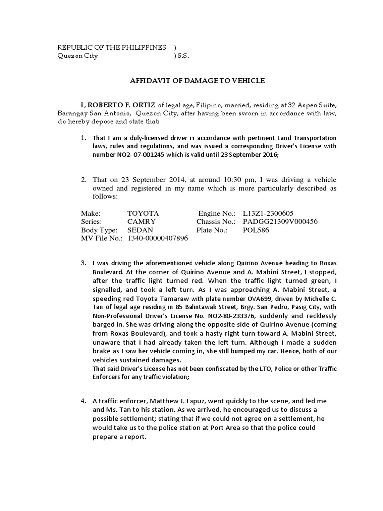Affidavit of Damage to Vehicle | Traffic | Land Transport
