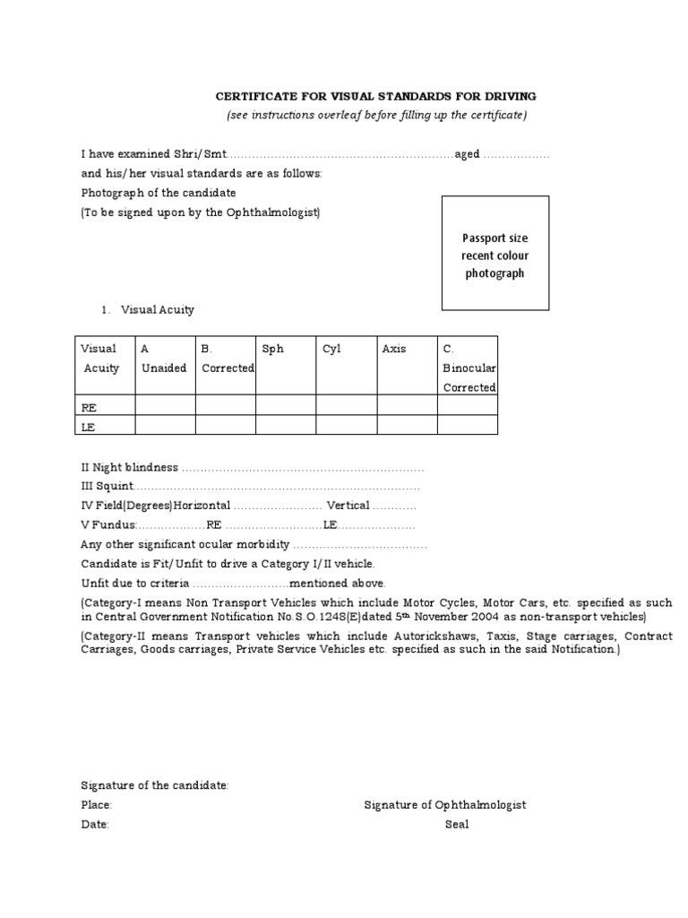 Certificate For Visual Standards For Driving: (See Instructions ...