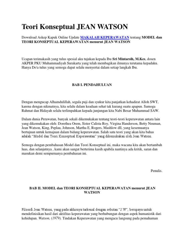 Model Konsep Dan Teori Keperawatan Menurut Jean Watson - Seputar Model