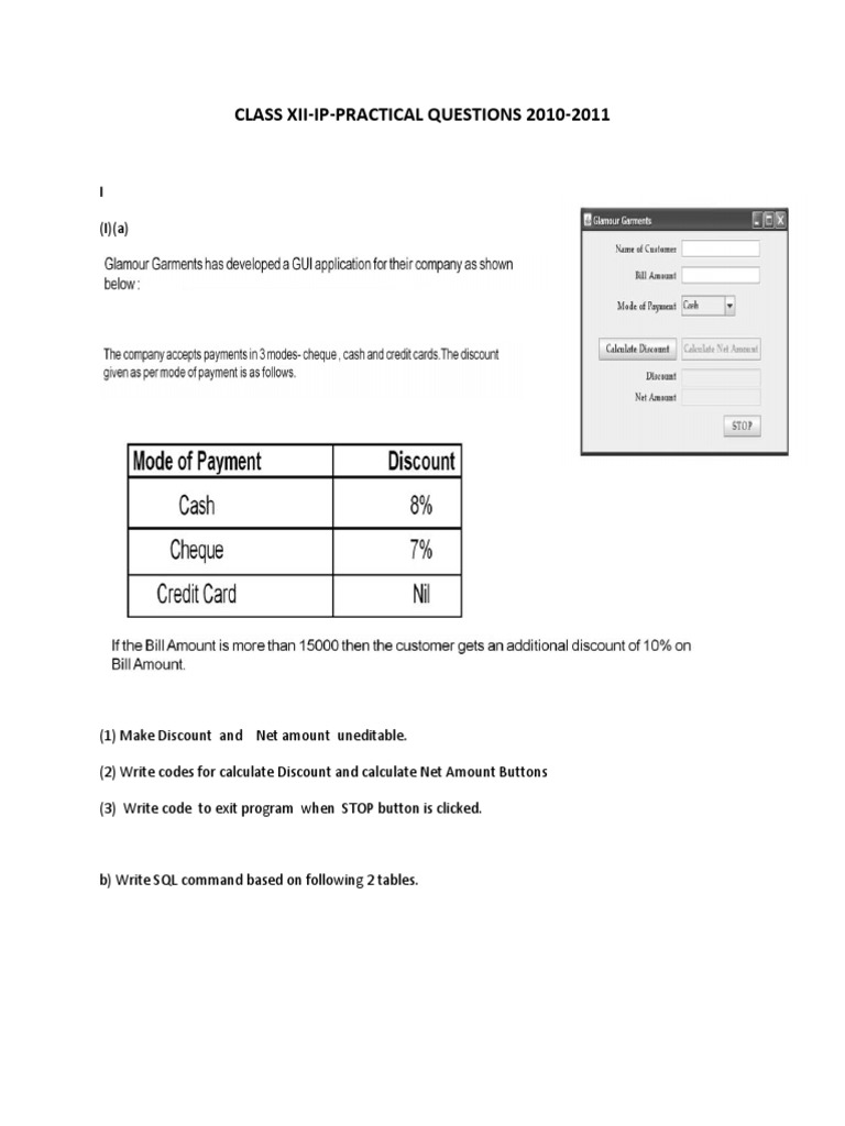 Class Xii-Ip-Practical Questions Probables | PDF | Loans | Sql Class Xii-Ip-Practical Questions Probables | PDF | Loans | Sql
