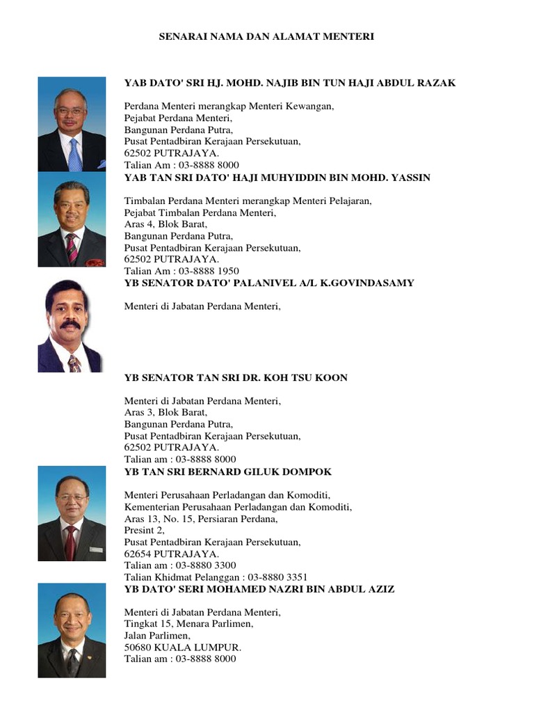 Senarai Nama Dan Alamat Menteri | PDF