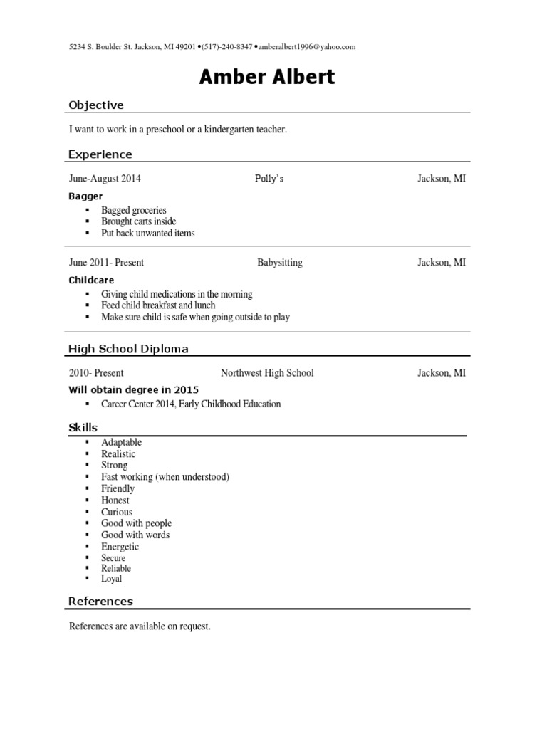 Amber Albert: Preschool Teacher Resume | PDF