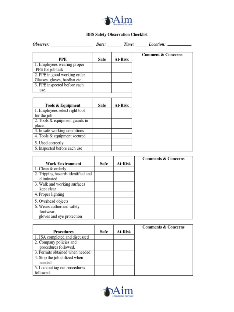 BBS Safety Observation Checklist | PDF