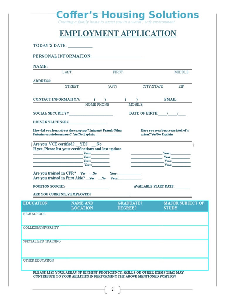 Application For Employment For Chs | PDF