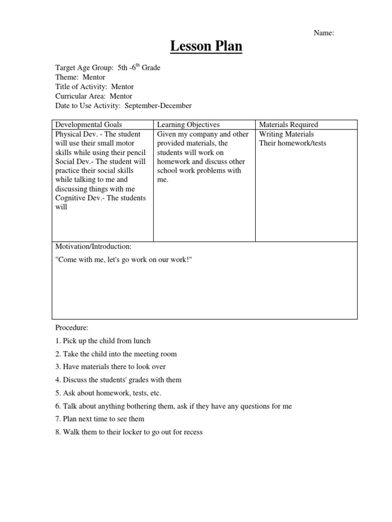 Mentor Activity Lesson Plan for Grades 5-6 | PDF | Wellness | Science ...