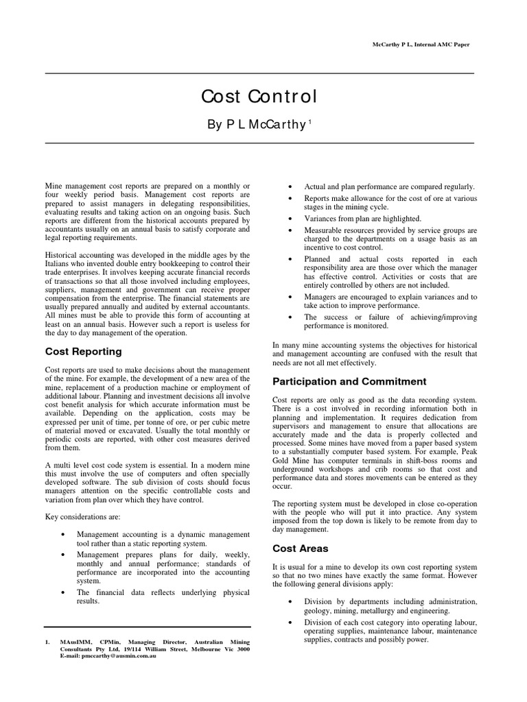 Cost Control | PDF | Mining | Cost Accounting