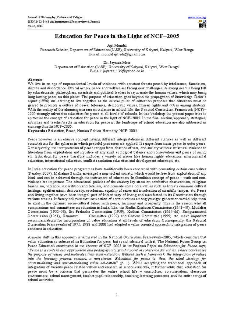 Education for Peace in the Light of NCF–2005: Analyzing Key Concepts ...