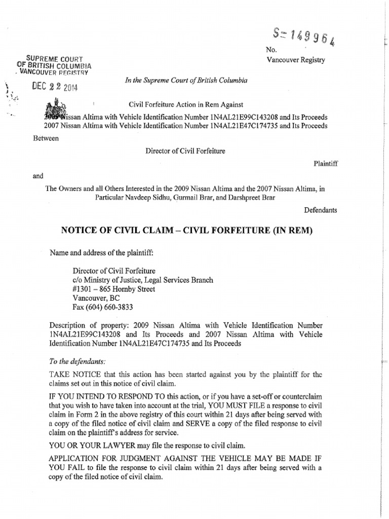 Civil Forfeiture Case in Baringh Murder | PDF