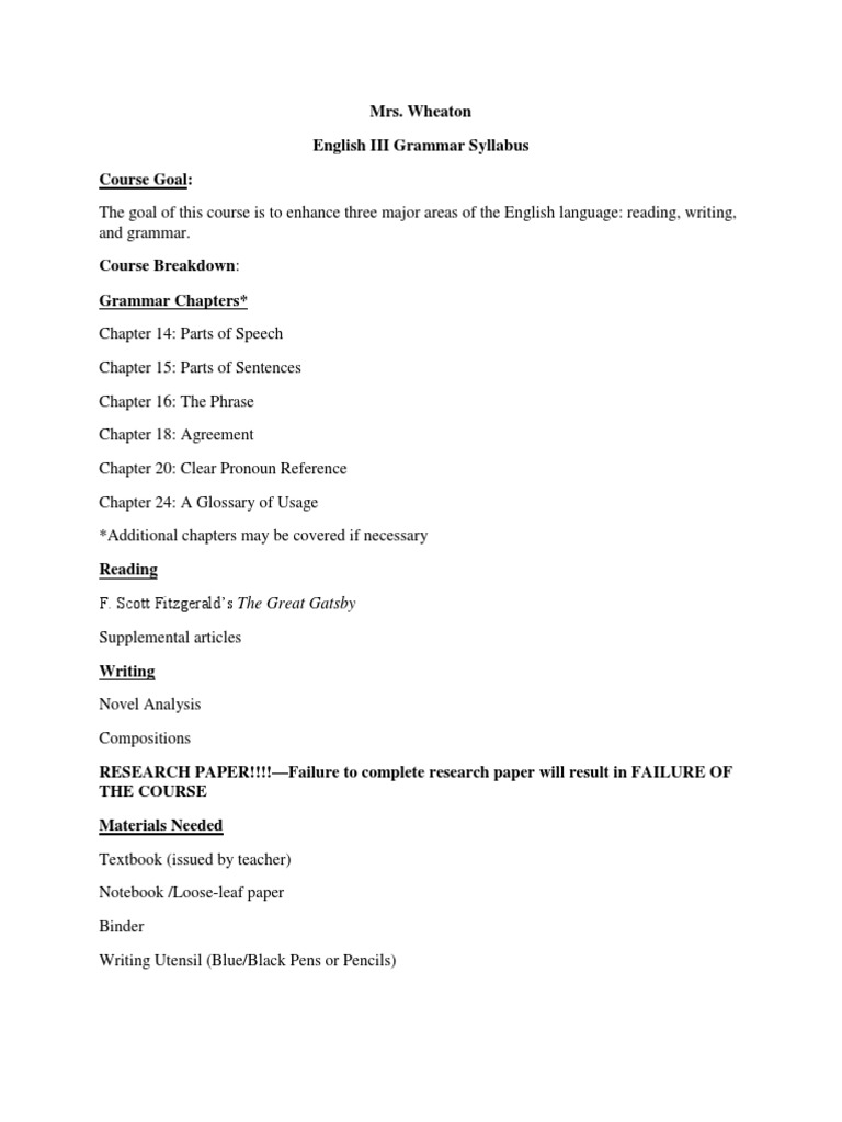 Mrs. Wheaton English III Grammar Syllabus Course Goal | PDF