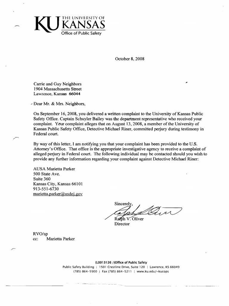 Formal Complaing of K.U. Police Officres Michael Riner's Prejury in ...