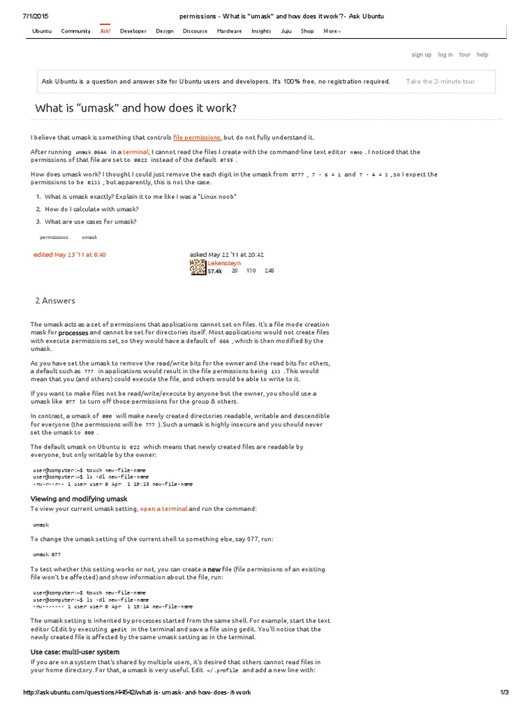 Permissions - What Is - Umask - and How Does It Work - Ask Ubuntu | PDF ...