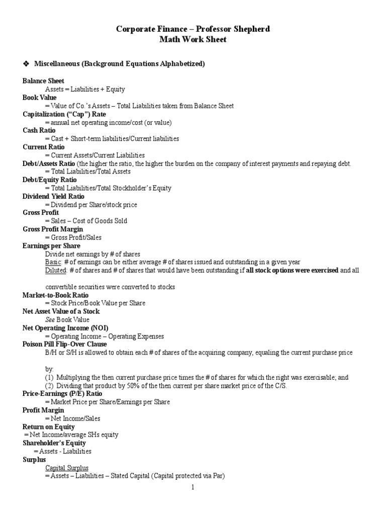 Corporate Finance Math Sheet | PDF | Option (Finance) | Put Option