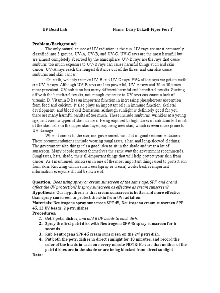 Uv Bead Lab | PDF | Ultraviolet | Sunscreen