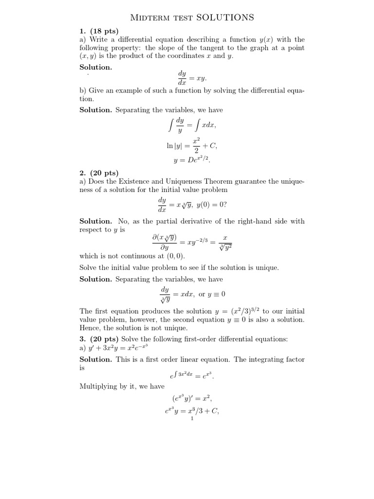 MAT244 Khanin MIDTERM SOLUTIONS | PDF | Differential Equations | Equations